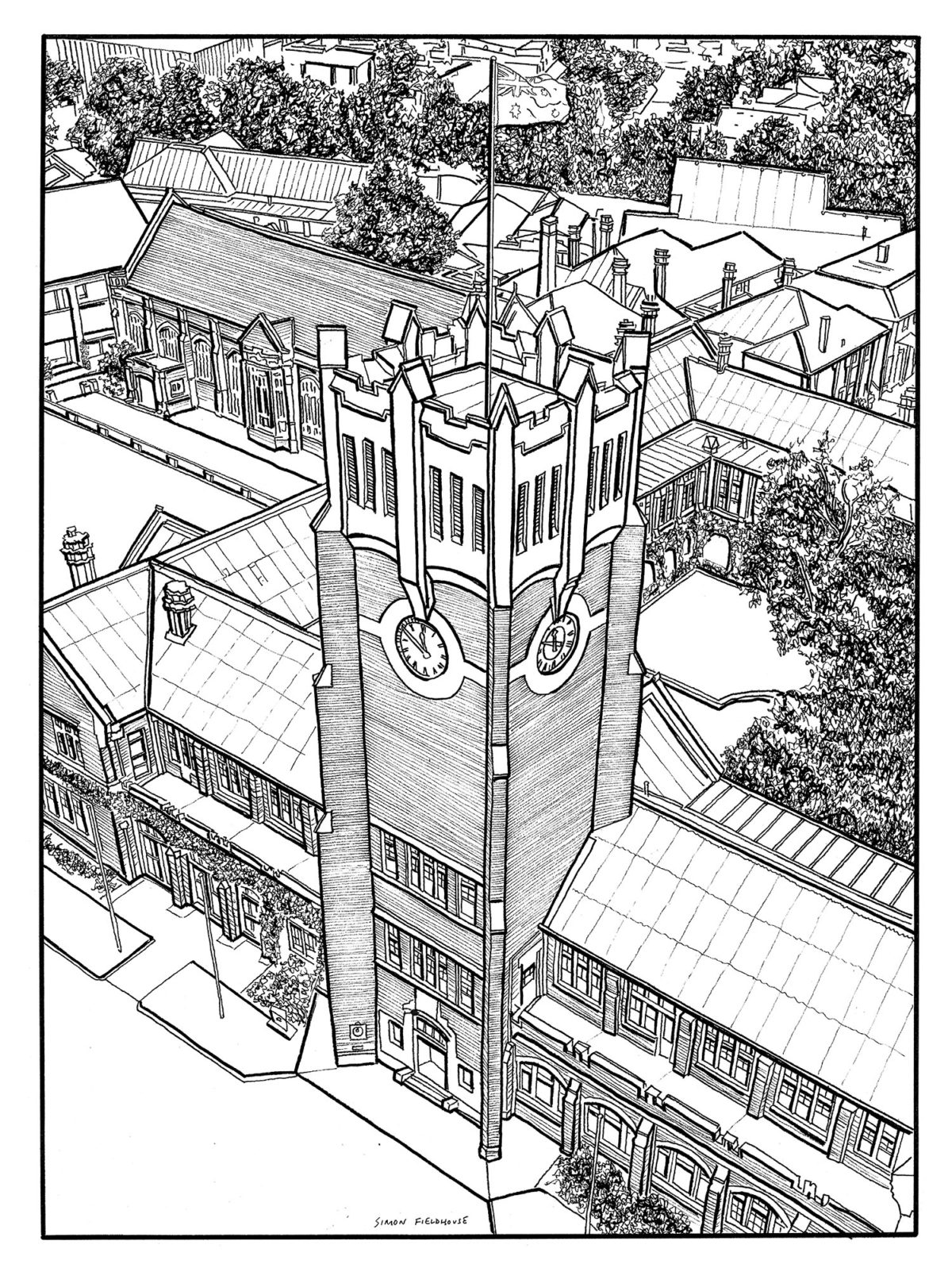 Geelong Grammar School Clocktower drawing - Simon Fieldhouse